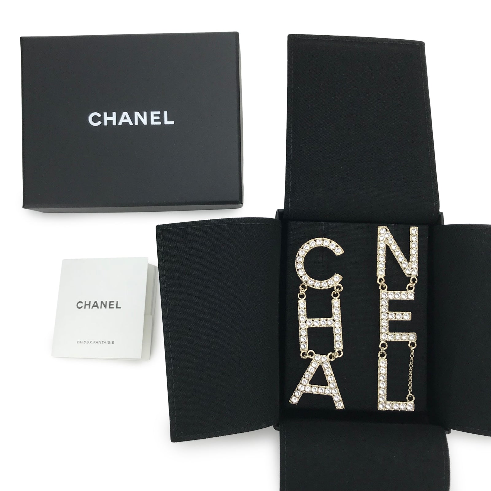 CHANEL Crystal Letter Logo Statement Dangle Earrings | Dearluxe