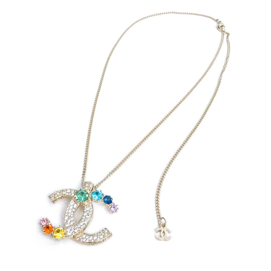 CHANEL Rainbow Crystal Oversized CC Logo Necklace | Dearluxe