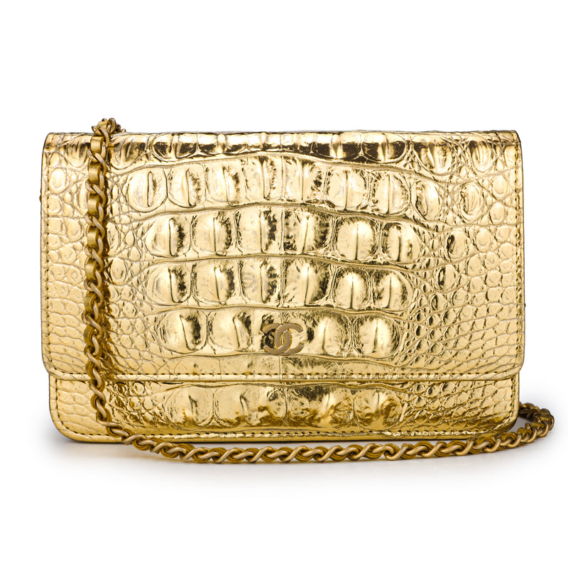CHANEL Wallet On Chain WOC in Gold Croc Embossed Calfskin | Dearluxe