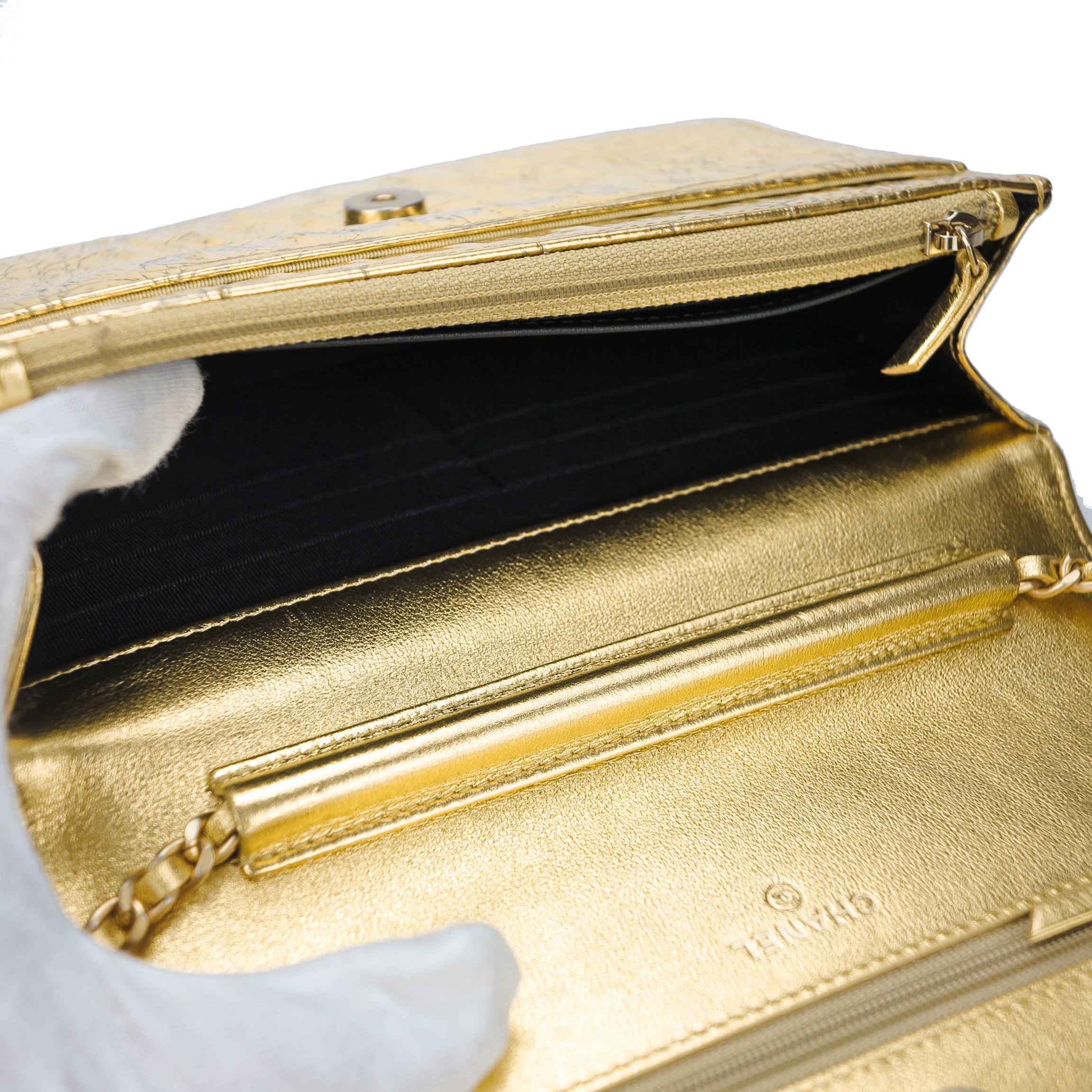 CHANEL Wallet On Chain WOC in Gold Croc Embossed Calfskin | Dearluxe