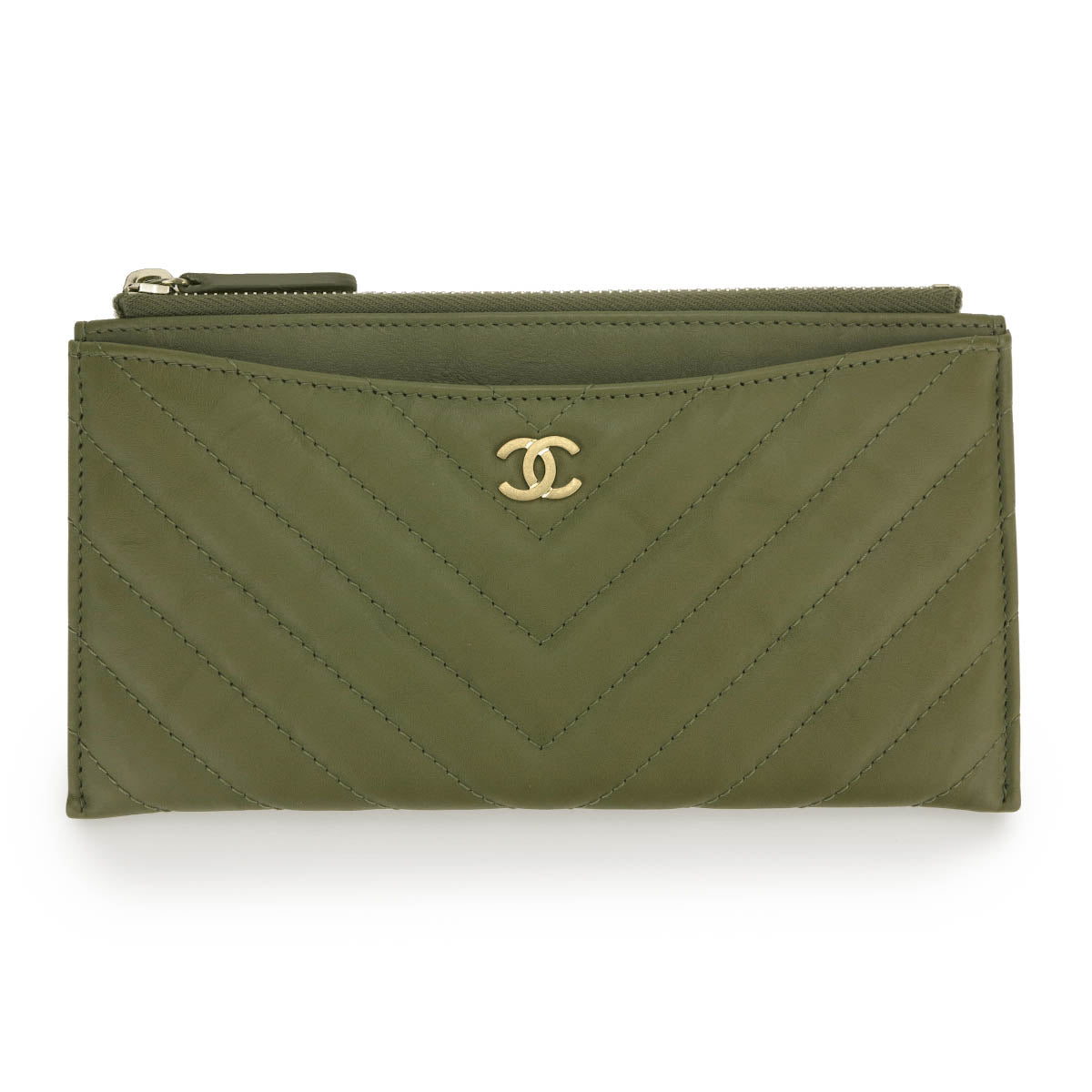 CHANEL Long Flat Wallet Pouch in Khaki Green| Dearluxe