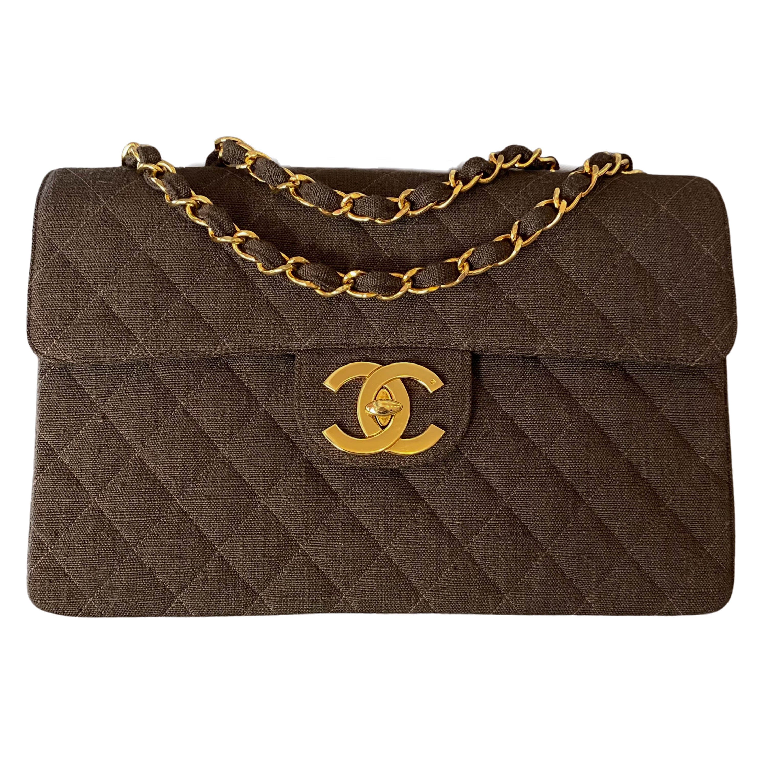 CHANEL Vintage Brown Linen XL Logo Maxi Jumbo Single Flap Bag | Dearluxe